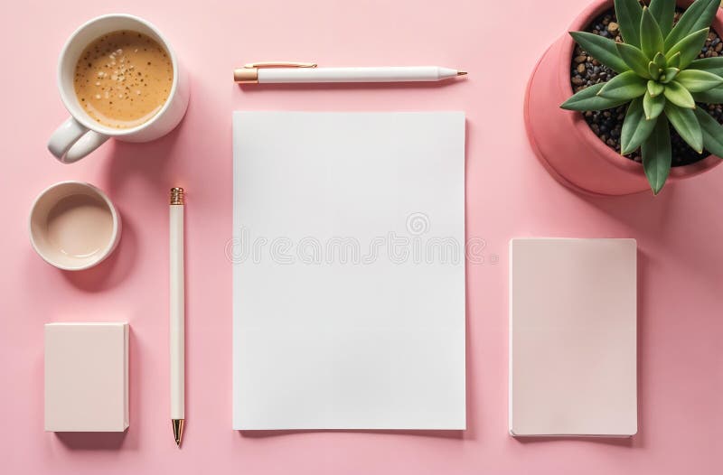 Flat Lay Office Desktop Pink Background, Minimalist Stationery. AI ...