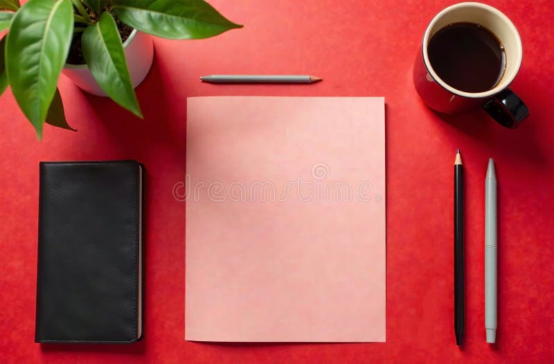 Flat Lay Office Desktop Red Background, Minimalist Stationery. AI ...