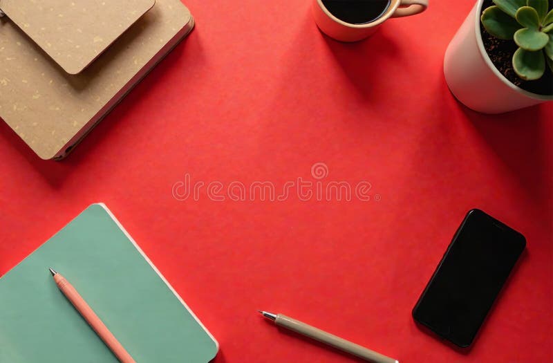 Flat Lay Office Desktop Red Background, Minimalist Stationery. AI ...