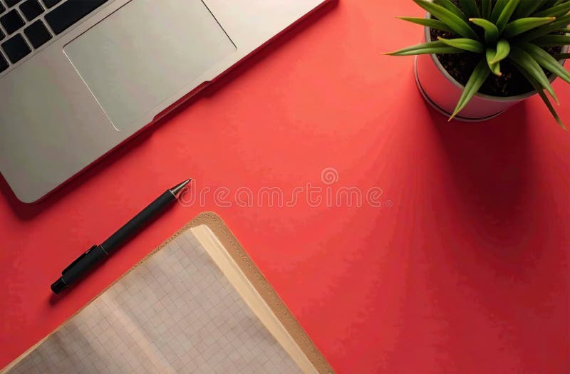 Flat Lay Office Desktop Red Background, Minimalist Stationery. AI ...