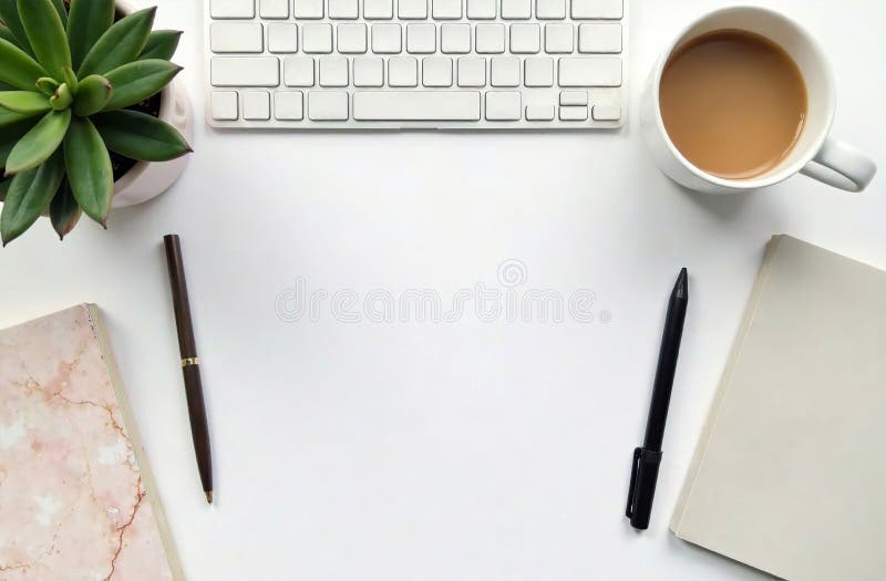 Flat Lay Office Desktop White Background, Minimalist Stationery. AI ...