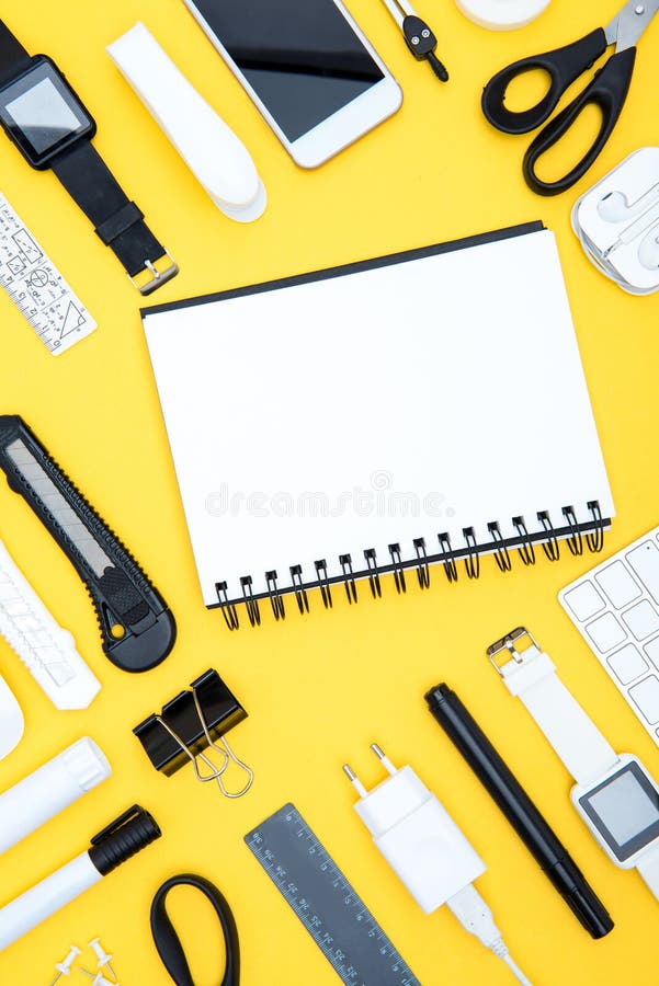 Flat Lay of Office Supplies, Digital Devices and Notepad Stock Photo ...