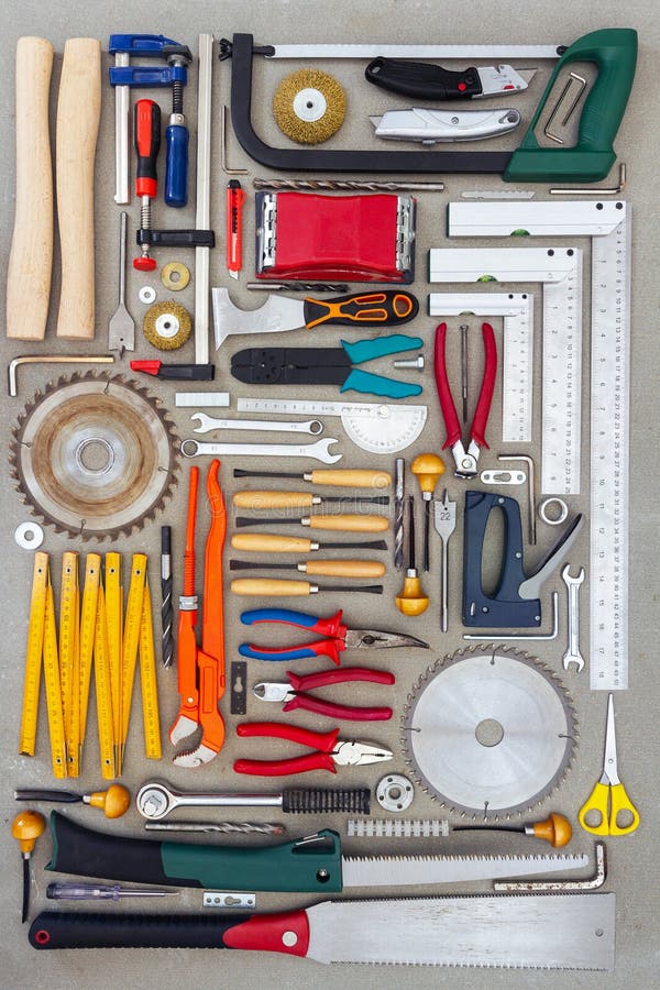 Flat Lay of Old Hand Tools on Concrete Background Stock Photo - Image ...