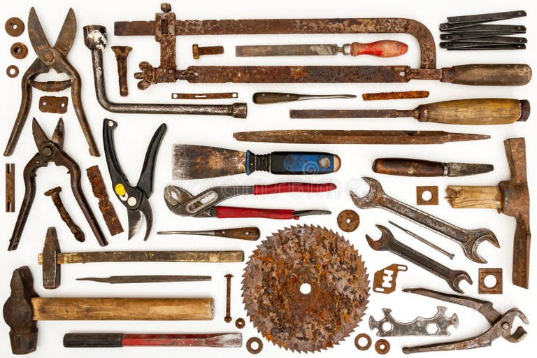 Flat Lay of Old Hand Tools on White Background Stock Photo - Image of ...