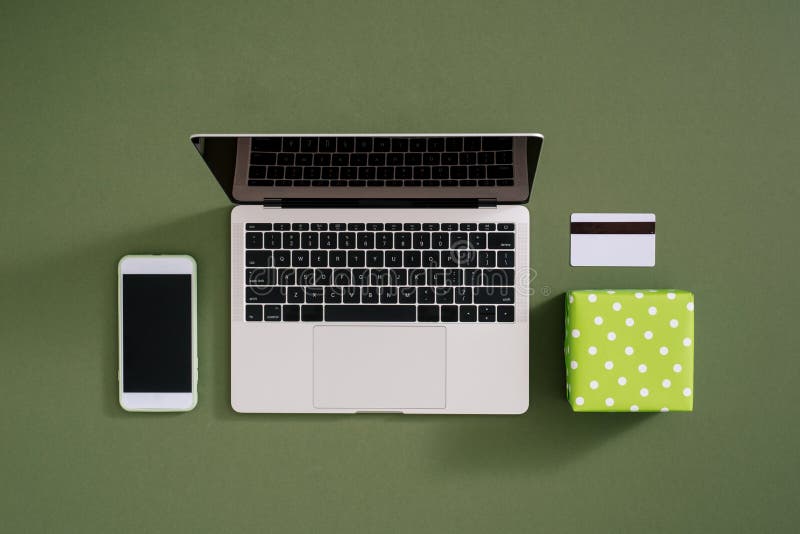 Flat Lay Online Shopping Tablet Gift Boxes Color Background Stock ...