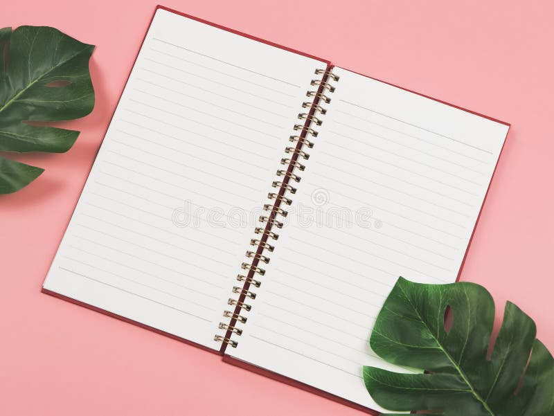 Flat Lay of Opened Diary on Pink Background with Monstera Leaves Stock ...