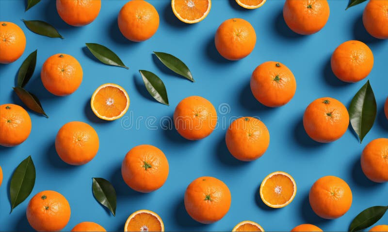 A Flat Lay of Oranges, Leaves and Orange Slices on a Blue Background ...
