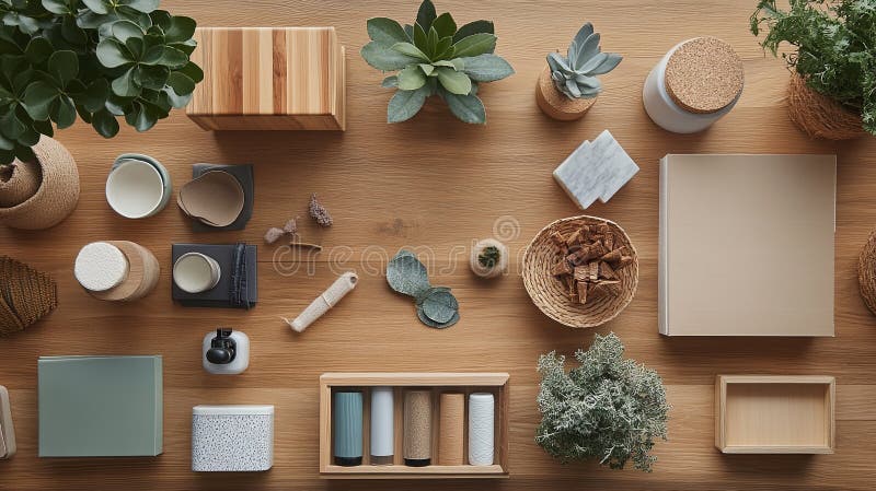 A Flat Lay of Organizational Home Decor Items Styled on a Wooden ...