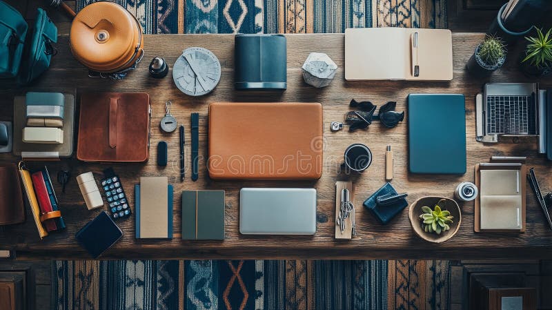 A Flat Lay of Organizational Home Decor Items Styled on a Wooden ...