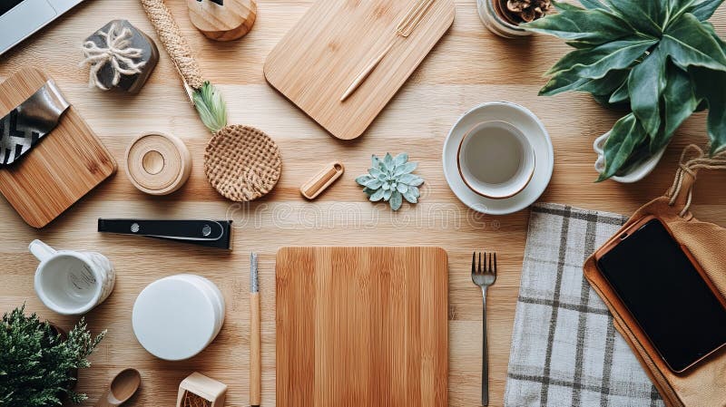 A Flat Lay of Organizational Home Decor Items Styled on a Wooden ...