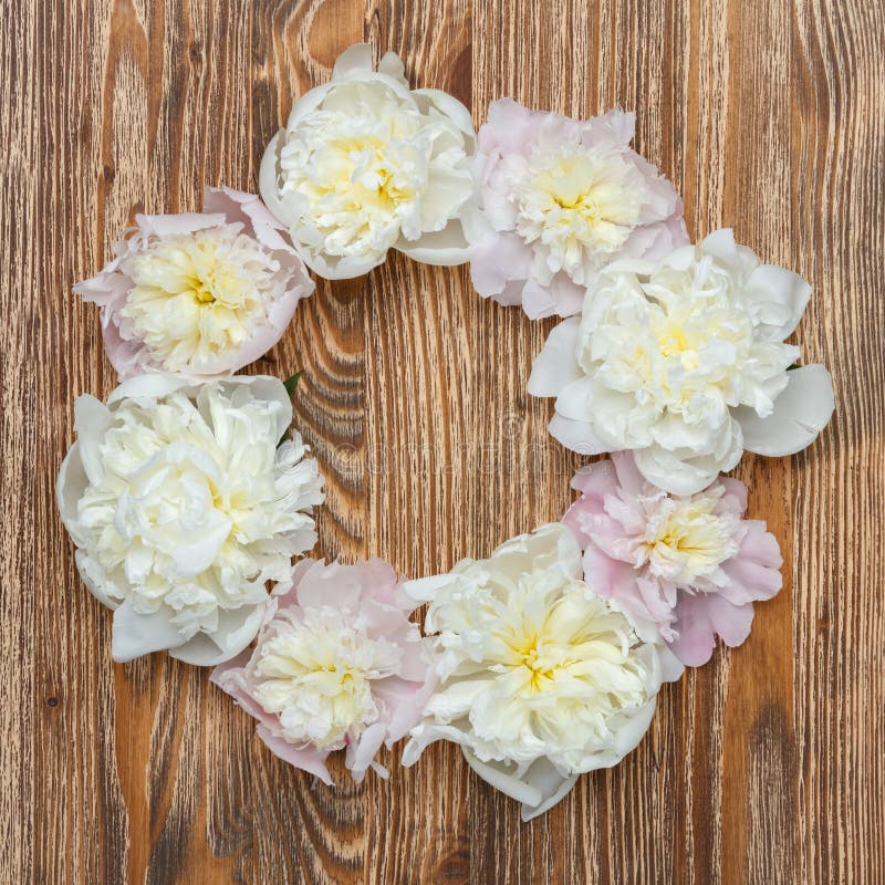 Flat Lay Over Wooden Background with Peonies Stock Image - Image of ...