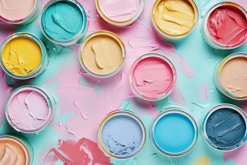 A Flat Lay of Paint Cans in Pastel Colors on an Abstract Background ...