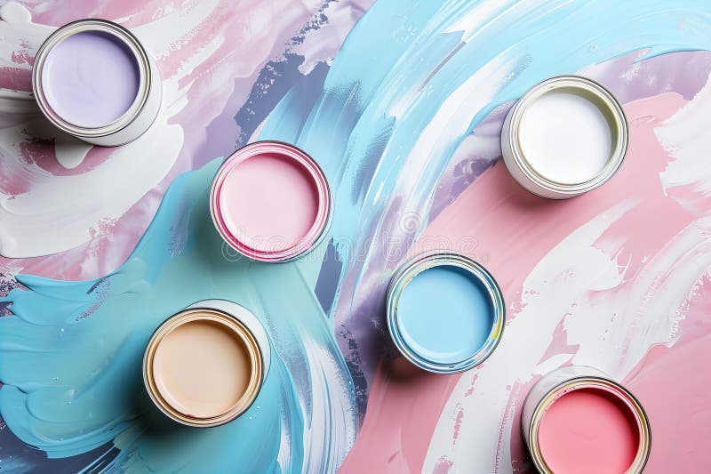 A Flat Lay of Paint Cans in Pastel Colors on an Abstract Background ...