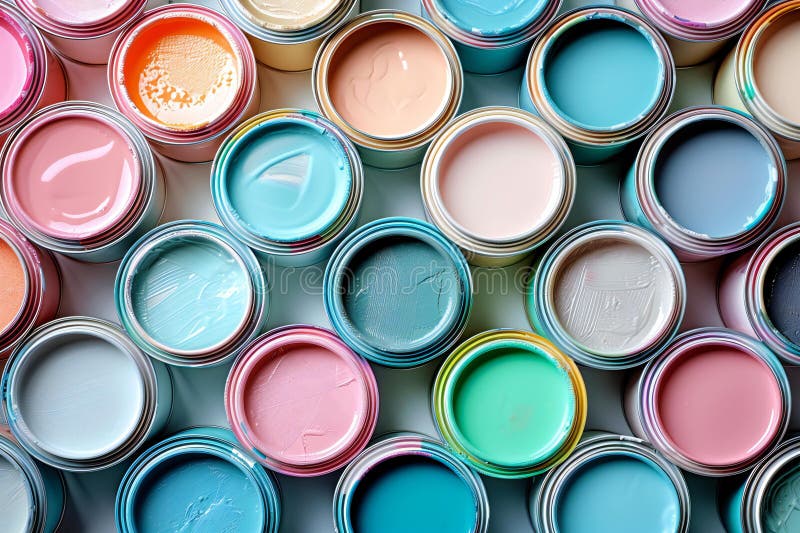 A Flat Lay of Paint Cans in Pastel Colors on an Abstract Background ...