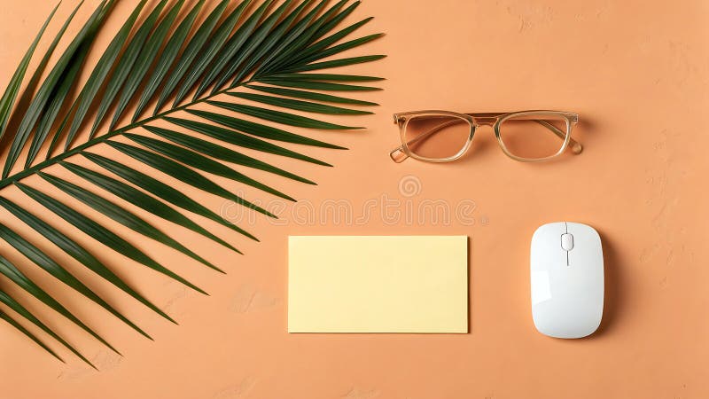 Flat Lay of a Palm Frond Eyeglasses Sticky Note and Computer Mouse on a ...