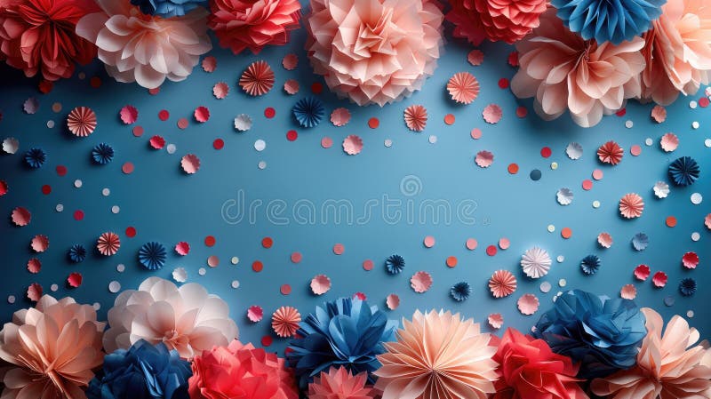 Flat Lay of Paper Craft Red White and Blue Paper Fans on the Wall with ...