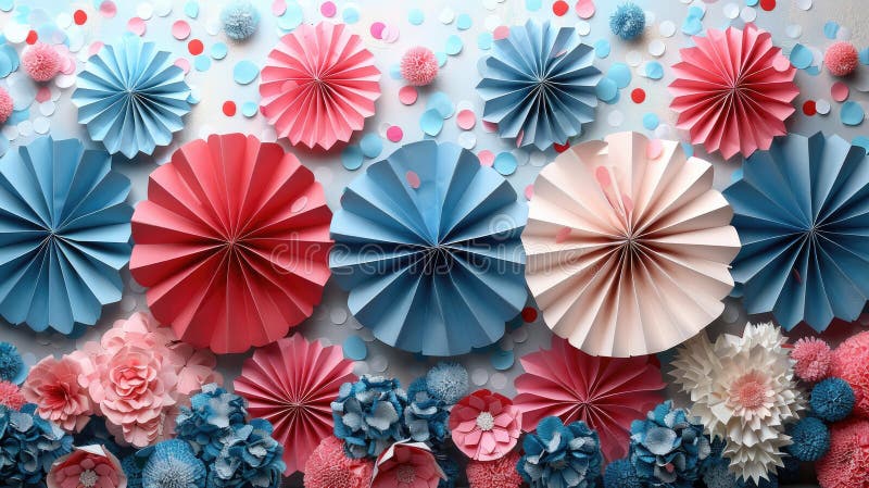 Flat Lay of Paper Craft Red White and Blue Paper Fans on the Wall with ...