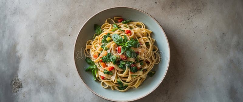 Flat Lay Pasta Primavera in Shallow Ceramic Bowl on Concrete Surface ...