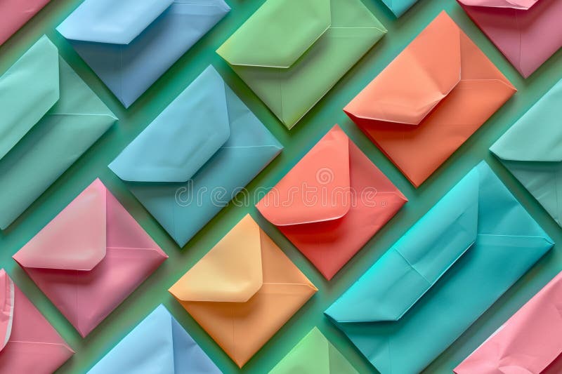 Pastel Envelopes Arranged in a Geometric Pattern on a Green Background ...