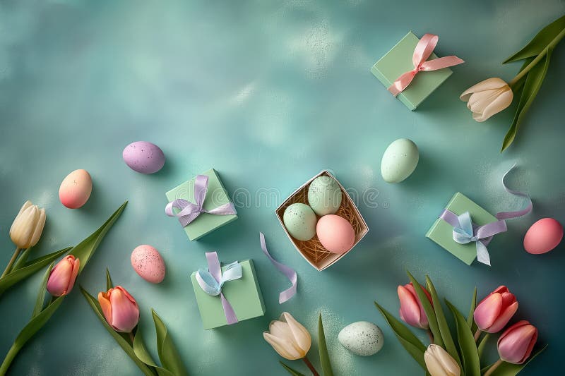 Flat Lay of Easter Eggs with Tulip Flowers and Gift Boxes on Blue Gray ...