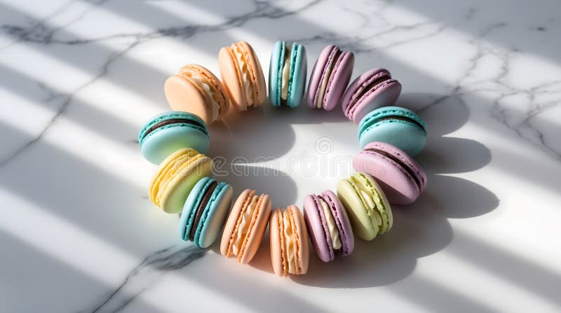Flat Lay of Pastel Macarons in a Circle on Marble Stock Illustration ...