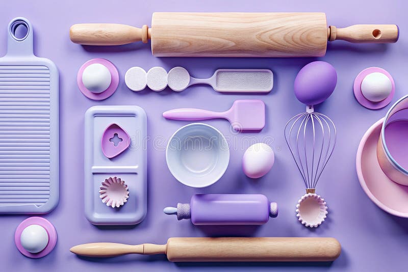 Flat Lay of Pastel Purple Baking Utensils and Ingredients on a Purple Background Stock Image ...