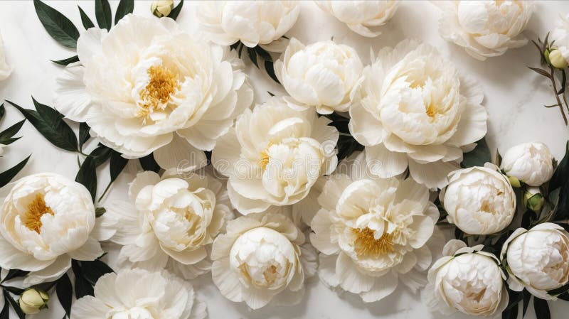 Flat Lay Pattern with White Peonies on a White Background Stock ...