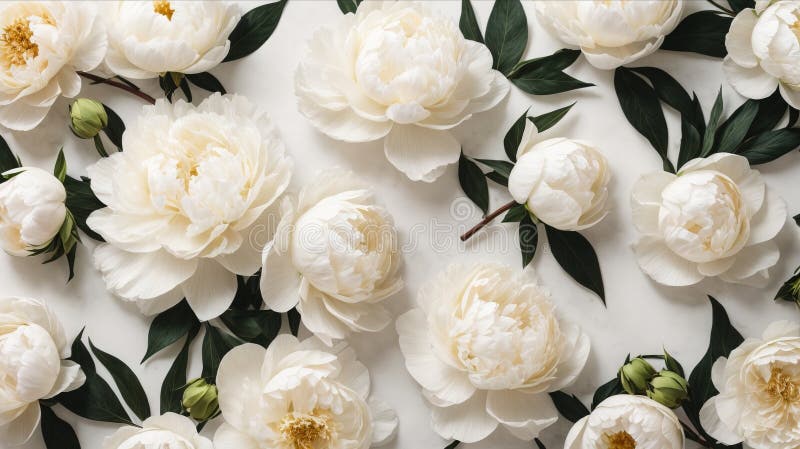 Flat Lay Pattern with White Peonies on a White Background Stock ...