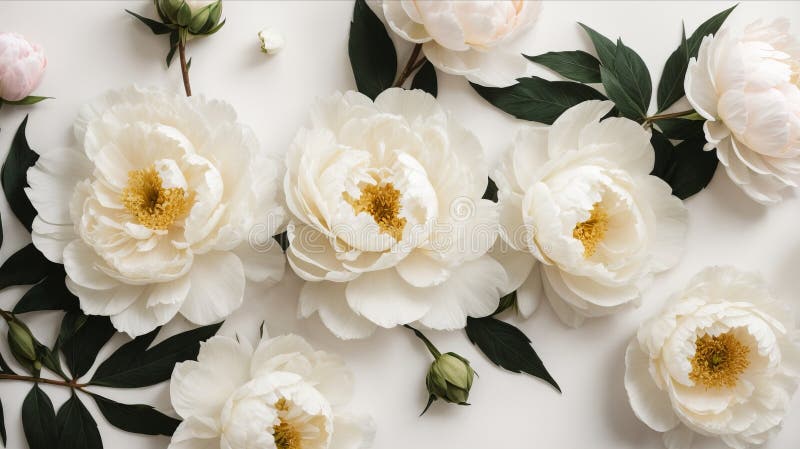 Flat Lay Pattern with White Peonies on a White Background Stock ...