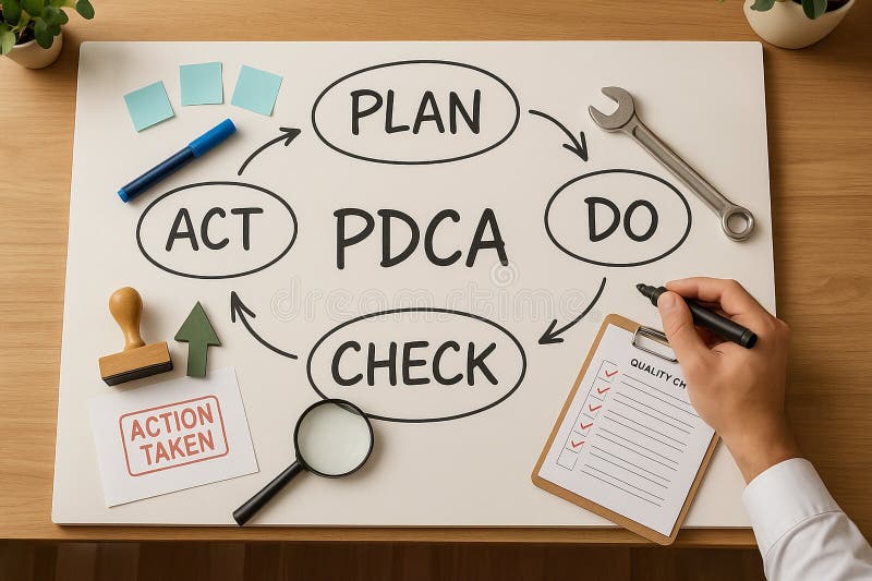 Flat Lay of PDCA Workflow Diagram on Whiteboard Surrounded by Stamps ...