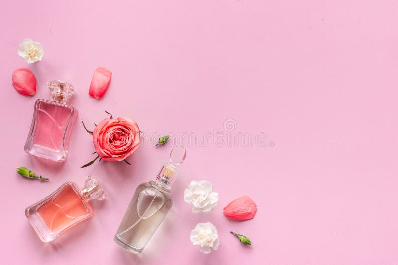 Flat Lay of Perfume Bottles with Flowers, Top View Stock Image - Image ...