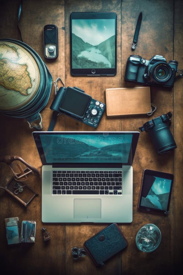 Flat Lay of Phone, Laptop, and Tablet on a Workspace Stock Illustration ...