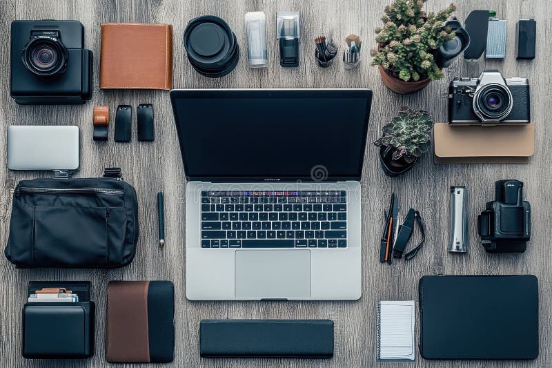 Flat Lay of a Photographer S Workspace with Laptop, Camera, and ...