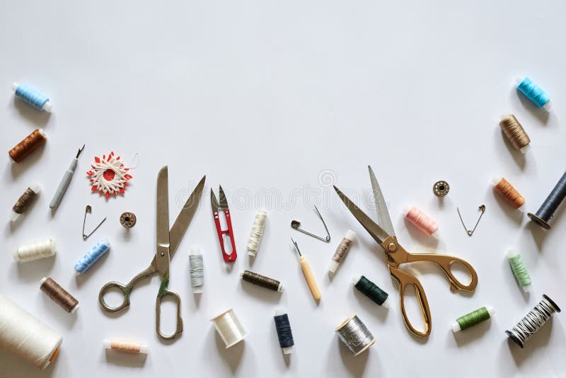 Flat Lay Picture of Sewing Accessories Isolated on White Background ...
