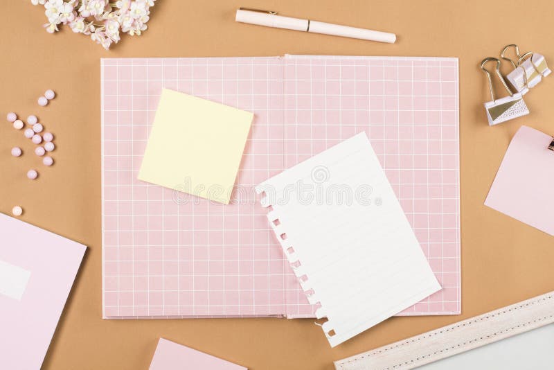 Flat Lay Pink Stationery on Work Desk Stock Photo - Image of pastel ...