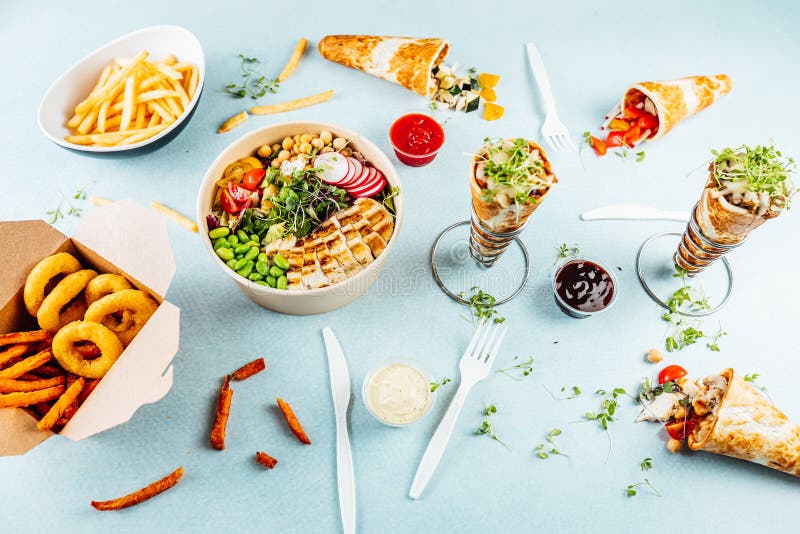 Flat Lay of Pizza Cones and Snack Boxes Stock Image - Image of cone ...