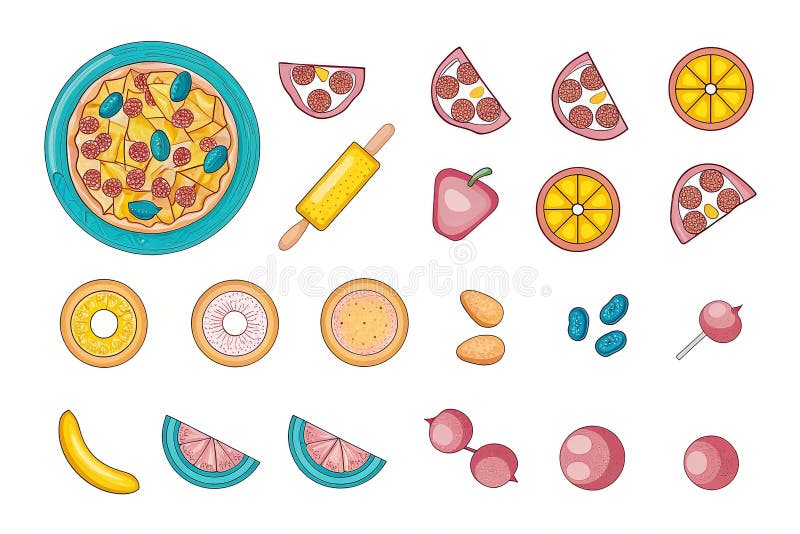 Flat Lay Pizza, Fruit, and Food Icons Stock Illustration - Illustration ...