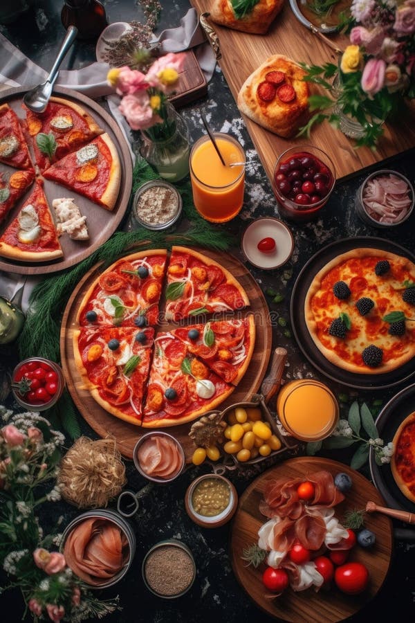Flat Lay of a Pizza Party Setup with Various Pizzas and Drinks Stock ...