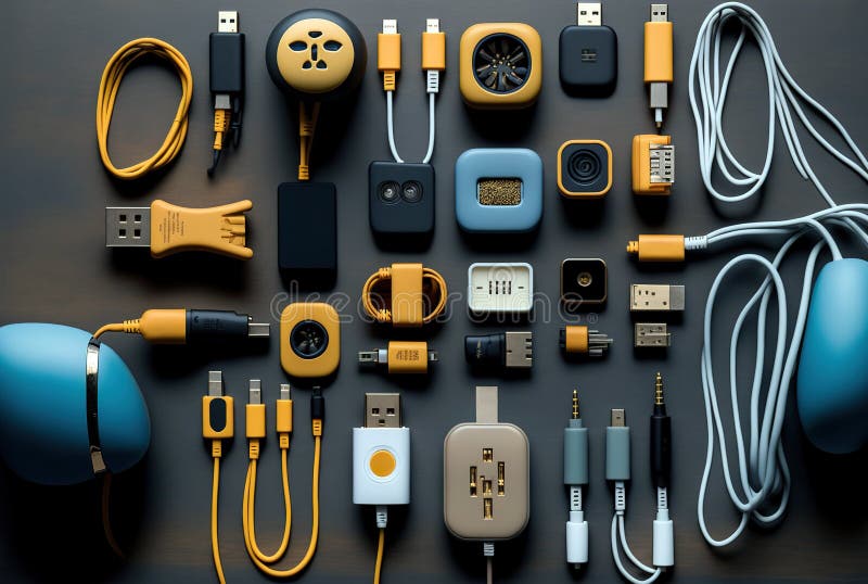 Flat Lay of Plugs and Chargers of Different Types and Sizes. Ai ...