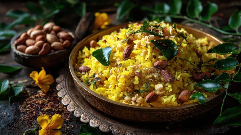 Flat Lay of Poha in Brass Bowl with Curry Leaves and Peanuts Stock ...