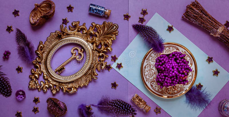 Flat Lay with Purple Decoration Stock Photo - Image of holiday ...
