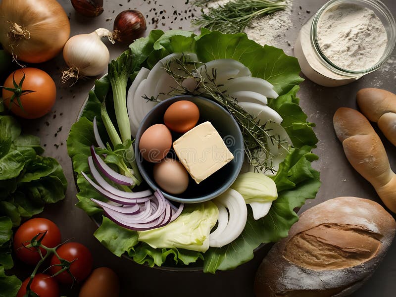 Flat Lay of Raw Cooking Ingredients, Including Eggs, Butter, and Flour ...