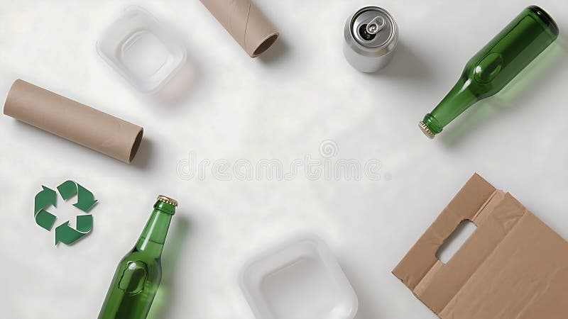 Flat Lay of Recyclable Household Items on White Background Stock ...