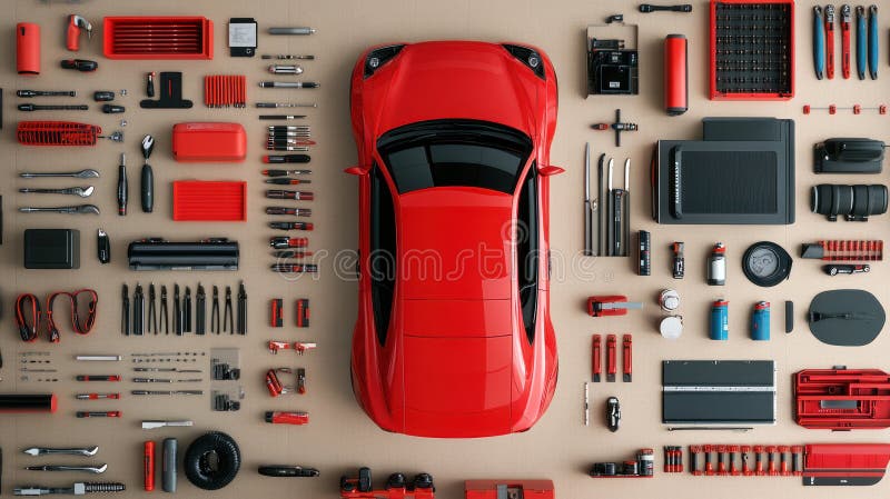 Flat Lay of Red Car and Compact Car Repair Kit on Neutral Background ...