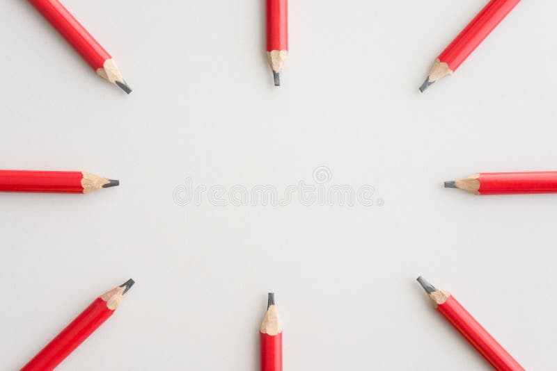Flat Lay of Red Pencils Around Border Frame on White Background with ...