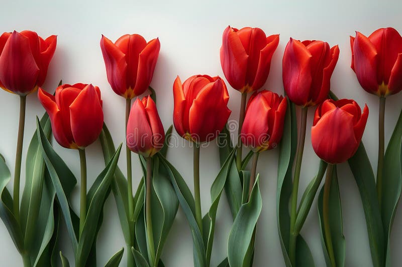 Flat Lay of Red Tulips on a White Background, Top View. Minimalistic ...