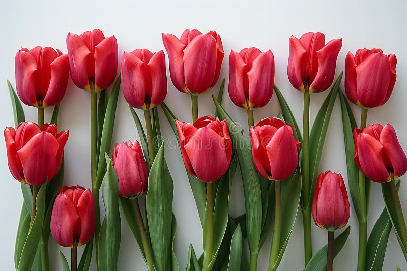 Flat Lay of Red Tulips on a White Background, Top View. Minimalistic ...