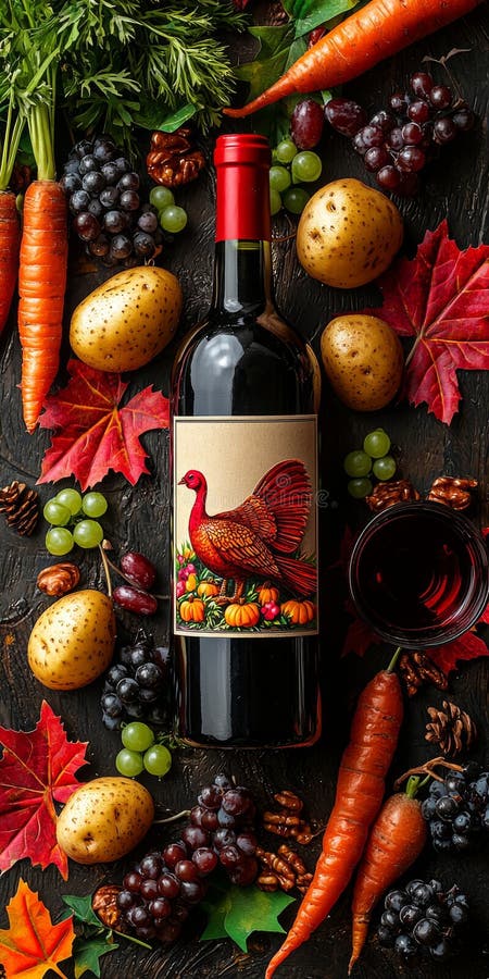 Flat Lay of Red Wine Bottle with Turkey Illustration and Autumnal ...