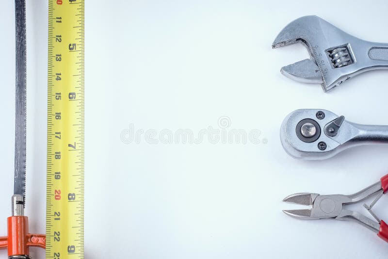 Flat Lay of Repairman Equipments and Tools, White Background, Co Stock ...