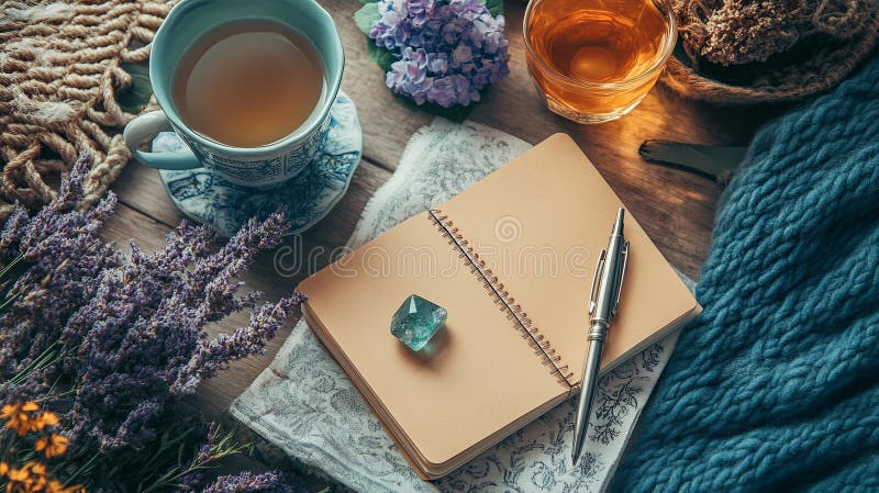 A Flat Lay of Retreat Essentials: a Journal, Pen, Herbal Tea, and a ...